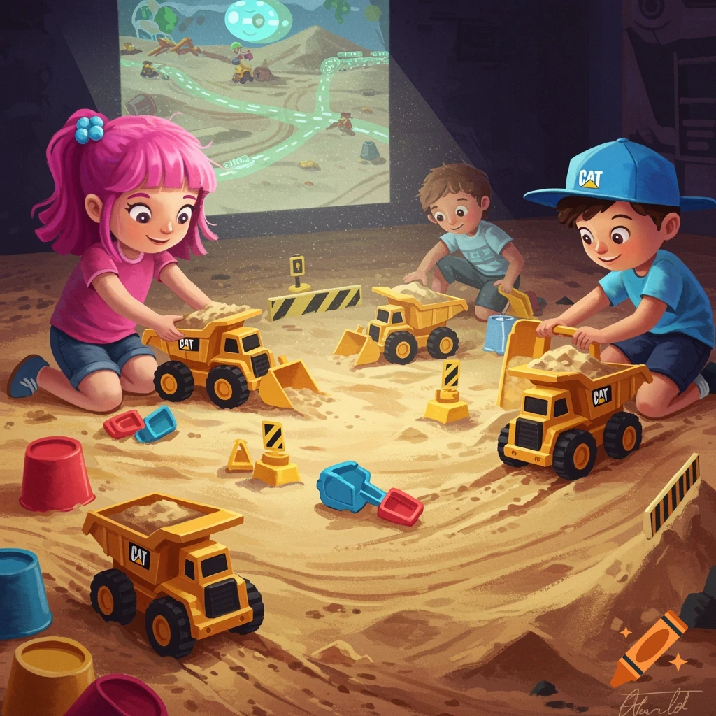 Children playing with toy construction trucks in a sandbox. Digital illustration. on Craiyon