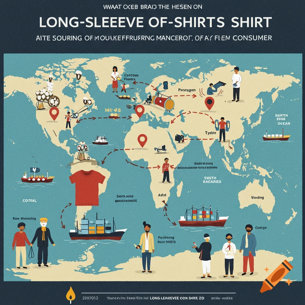 Map of a long sleeve tee shirt's production transportation route across ...