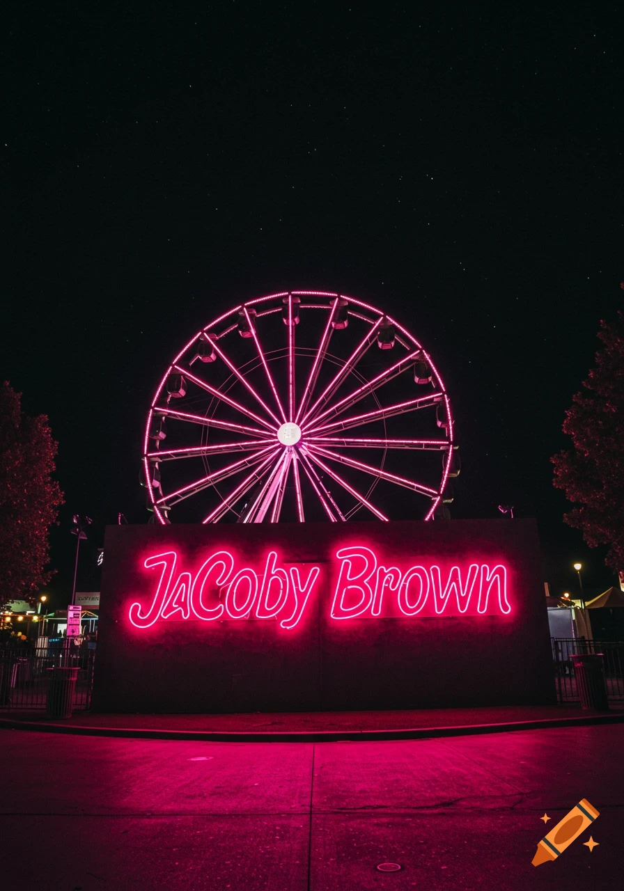 Pink neon sign with "JaCoby Brown" in front of a ferris wheel at night ...