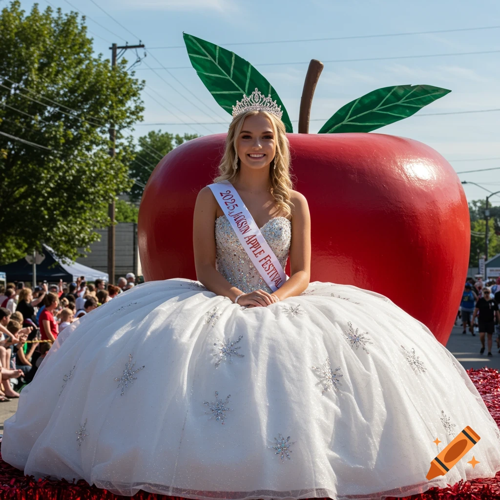 Blonde girl in white gown on apple float, Jackson Apple Festival Queen ...