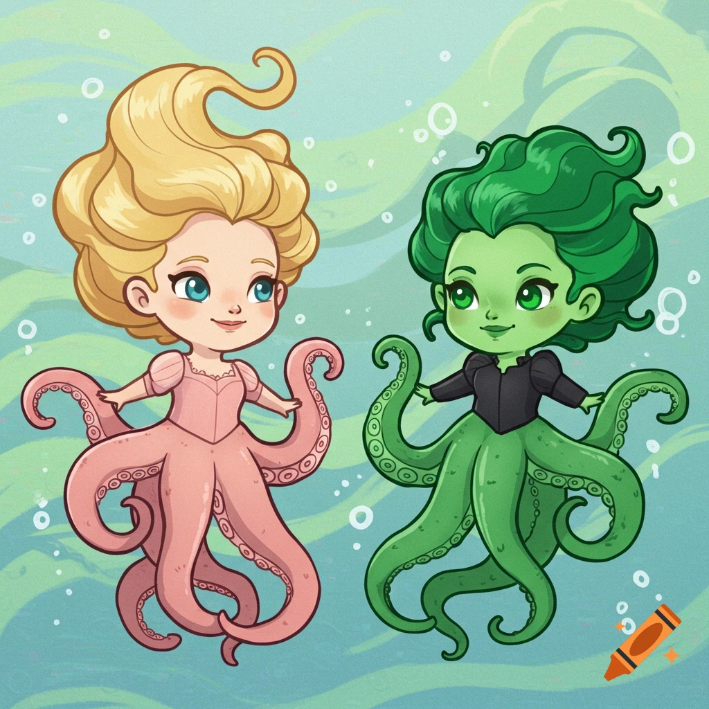 Cute 2D cartoon kraken versions of Glinda and Elphaba on Craiyon