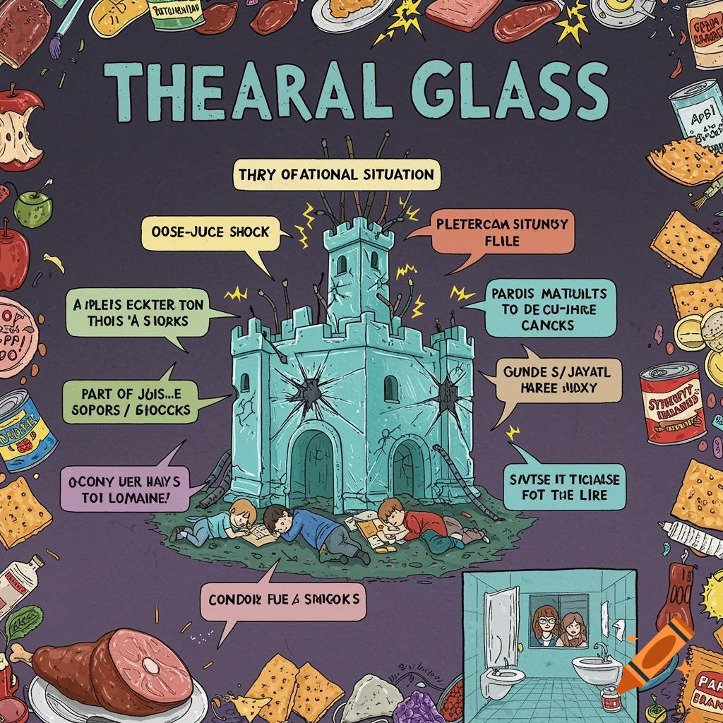 Hand-drawn illustration of a cracked glass castle with children ...