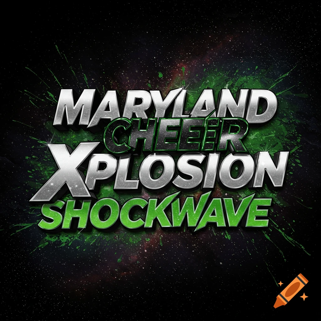 Maryland Cheer Xplosion Shockwave text in black, silver, and green on ...