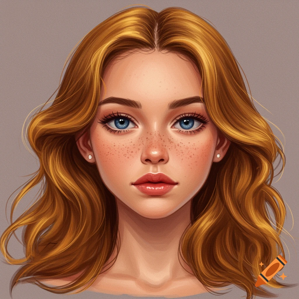 Girl with golden brown wavy hair, deep blue eyes, square face, and ...