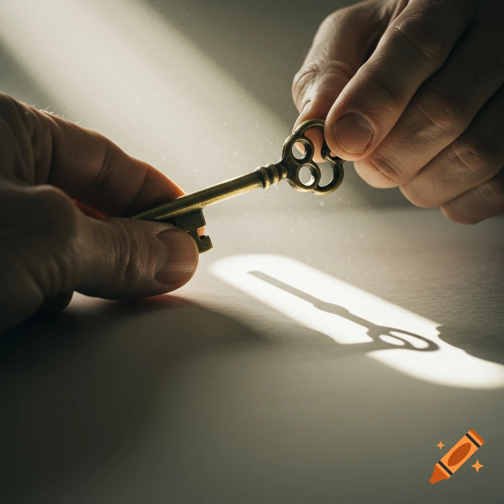 Hands holding vintage key with key-shaped shadow on Craiyon