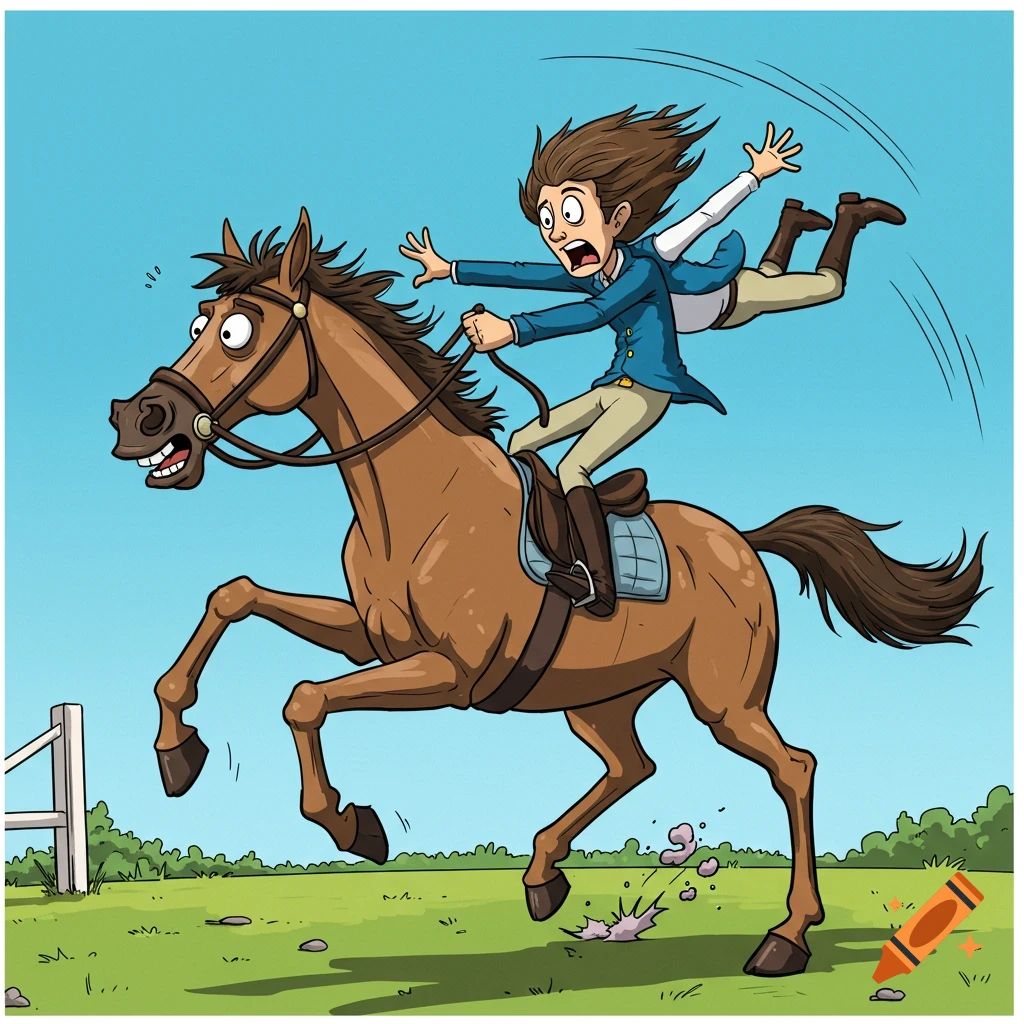 Cartoon of a horse abruptly stopping, rider being thrown forward on Craiyon