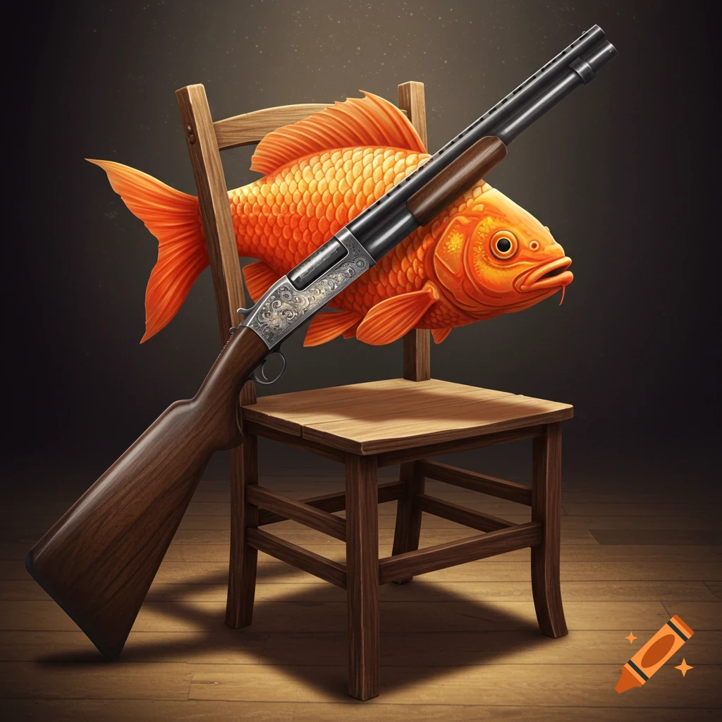 A large orange goldfish sits on a wooden chair with a shotgun leaning ...