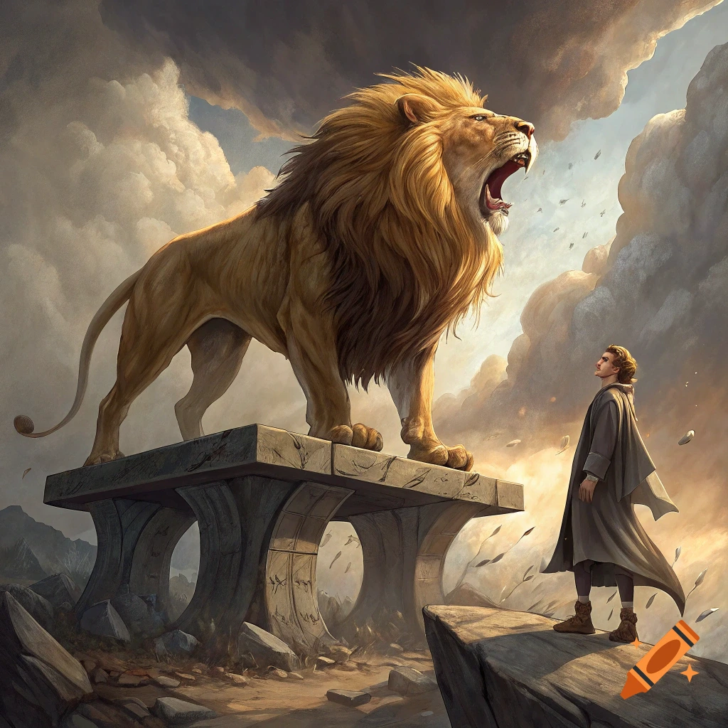 Aslan roaring over broken stone table, C.S. Lewis in clouds on Craiyon