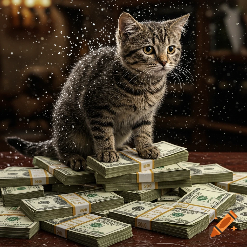 Dripping wet cat sitting on stacks of hundred dollar bills on Craiyon