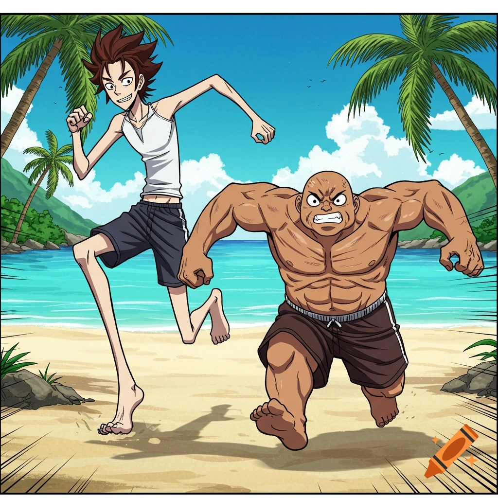 Manga style illustration of two guys running on a beach on Craiyon