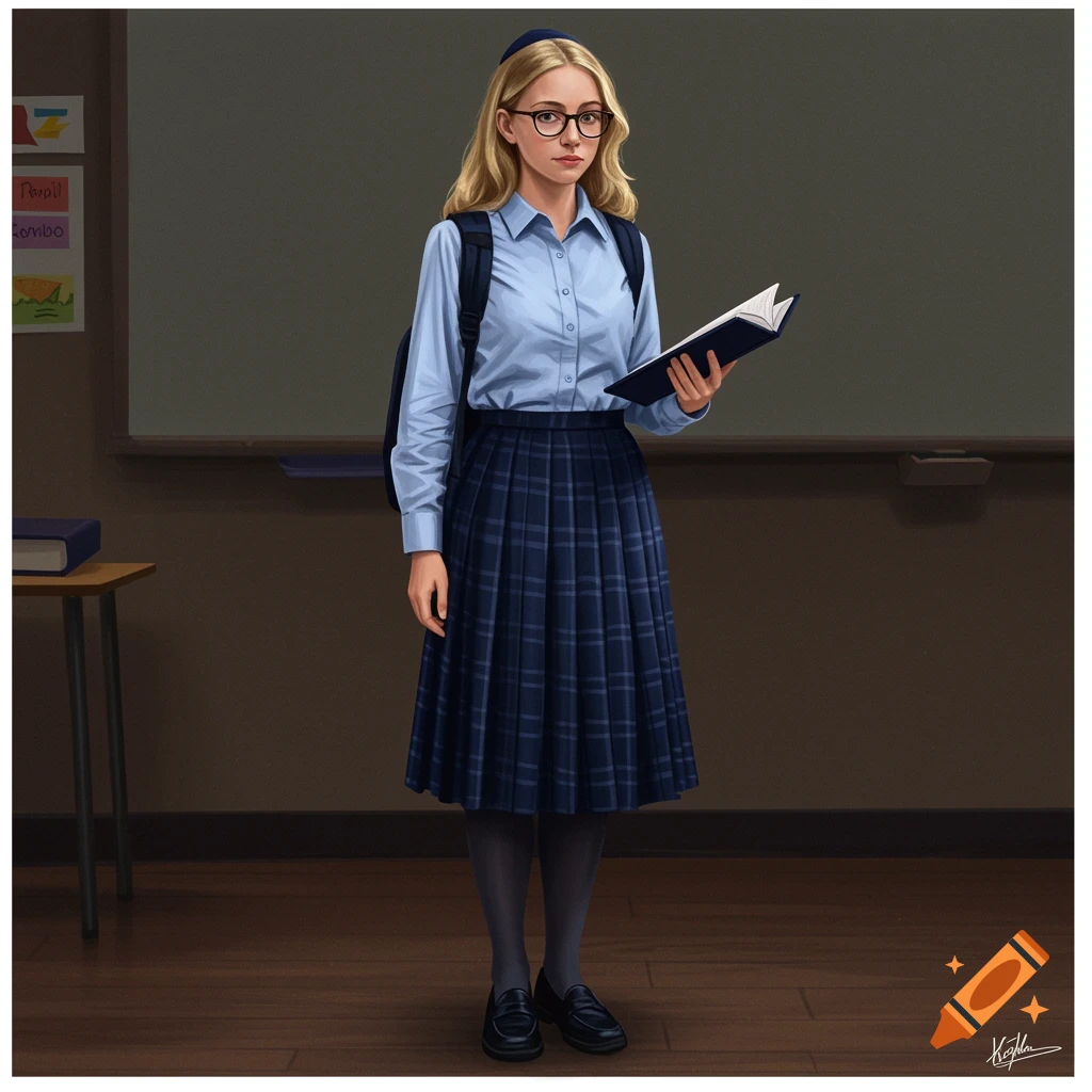 Three students in academic uniforms in a classroom, one girl poses on a ...