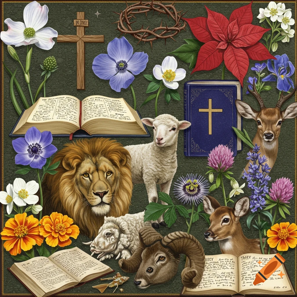 Collage of Christian symbols and animals on Craiyon