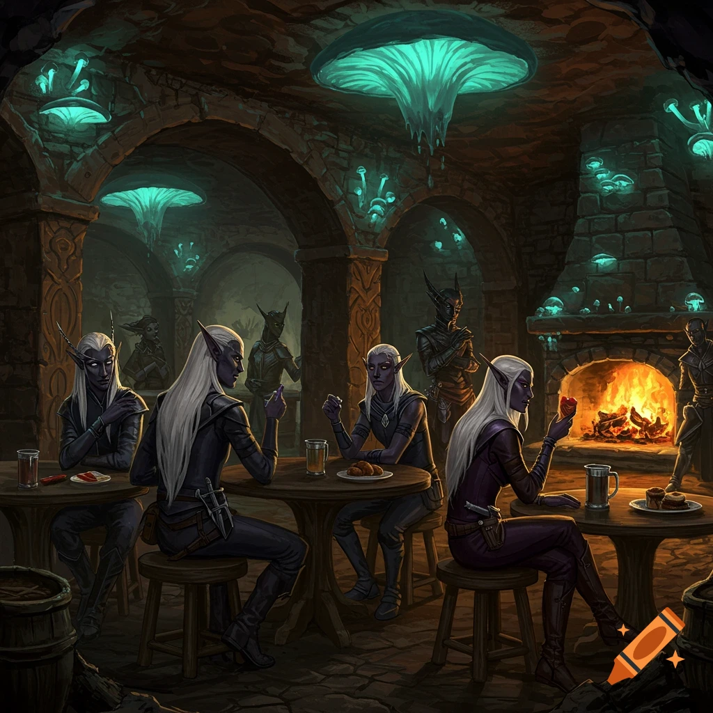 Drow elf cafe in the Underdark with fireplace. on Craiyon