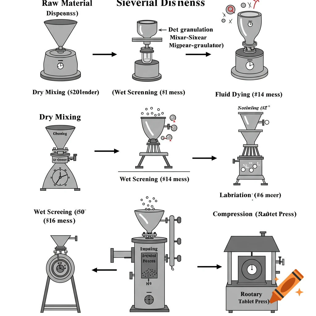 Process flow diagram of tablet compression stages on Craiyon