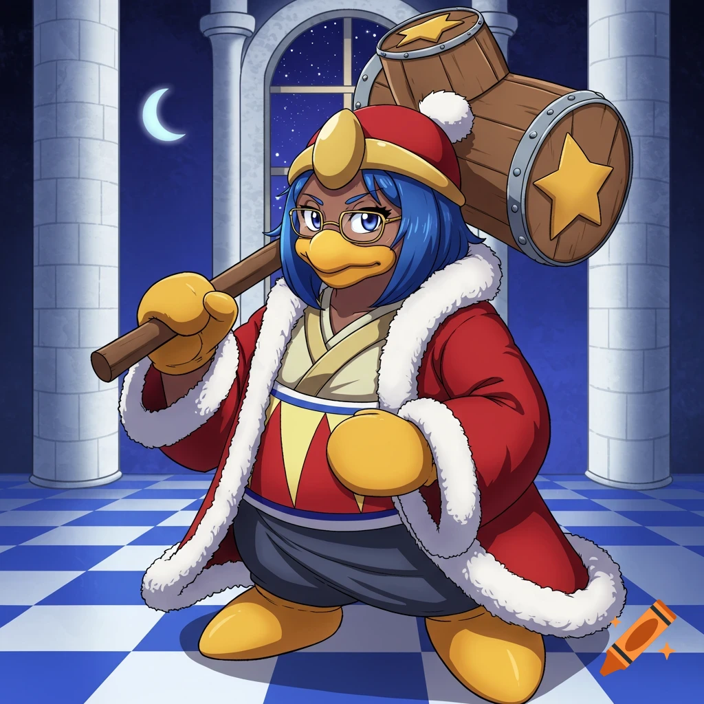 Anime woman version of King Dedede with blue hair, glasses, and Dedede ...