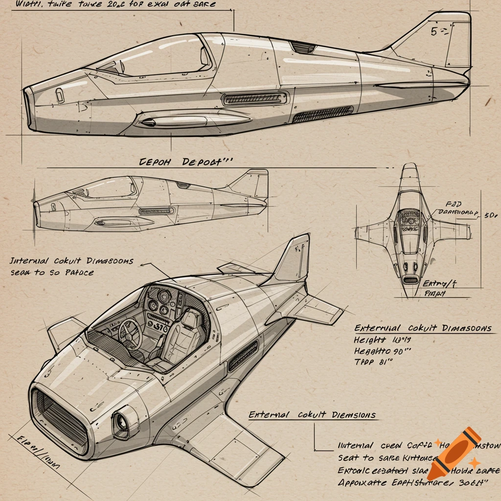 Technical sketch of experimental eVTOL design with dimensions. on Craiyon