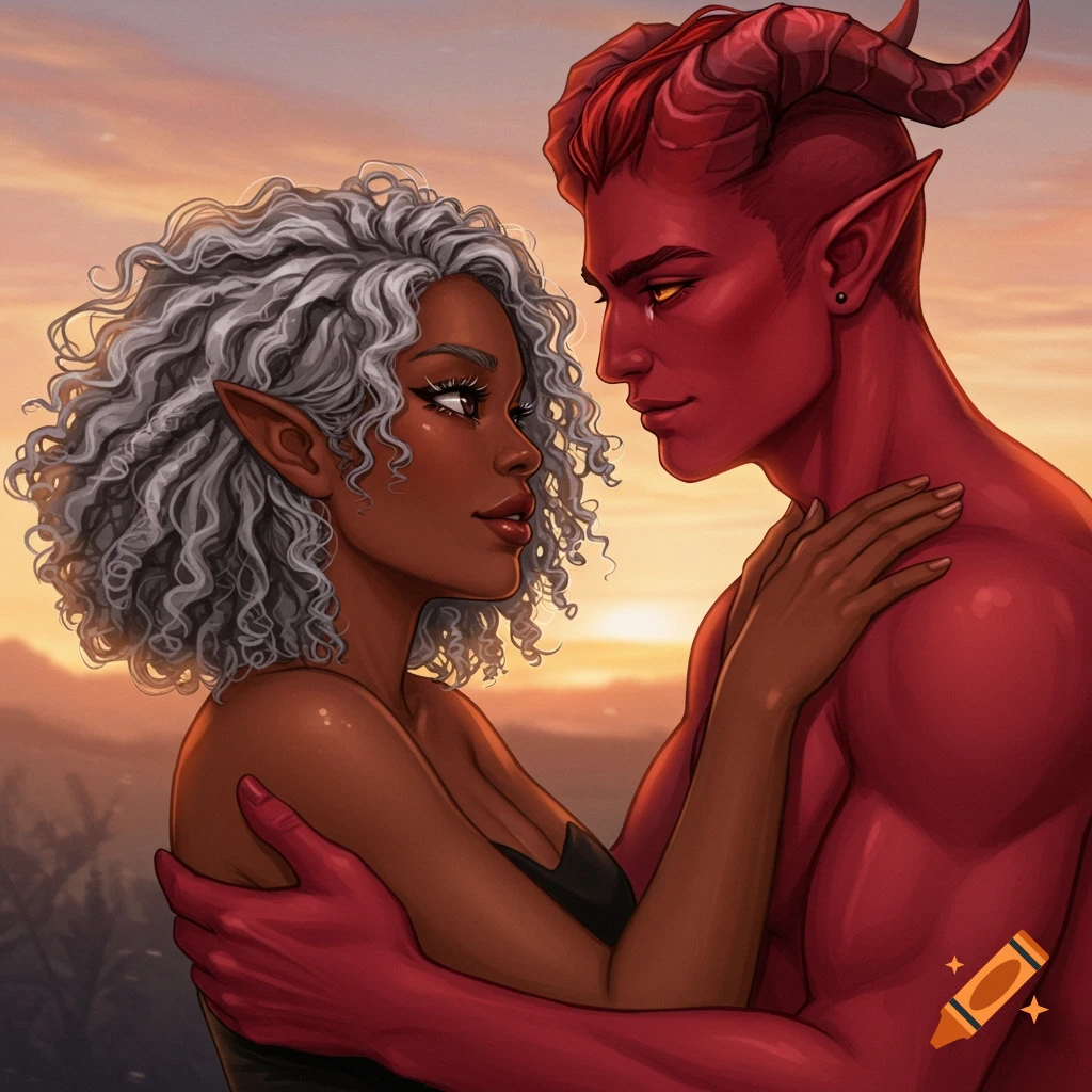 Couple in love, dark-skinned woman with silver curly hair, red-skinned tiefling man with horns ...