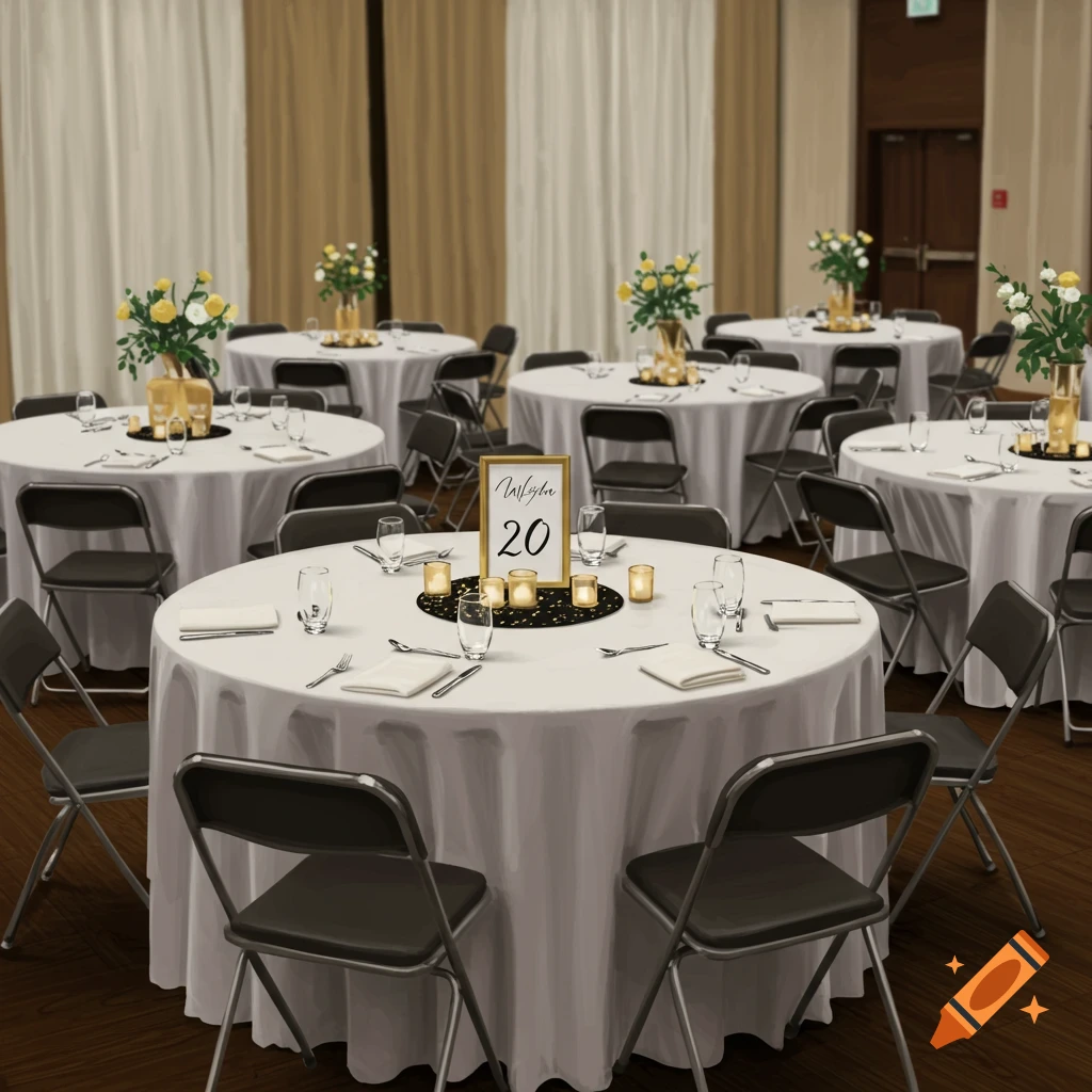 Round tables with white tablecloths and gold and black centerpieces. on ...