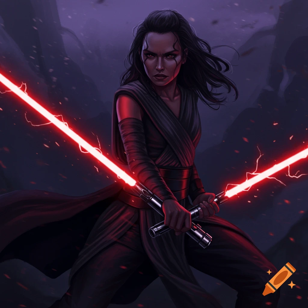 A female Sith with a crackled double-bladed lightsaber on Craiyon