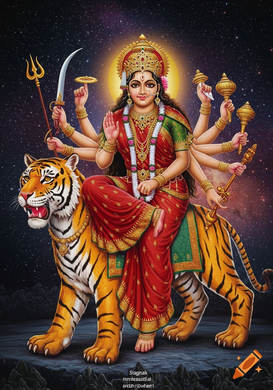 Mother Durga in Kali form, red lehenga, riding tiger, cosmic background ...