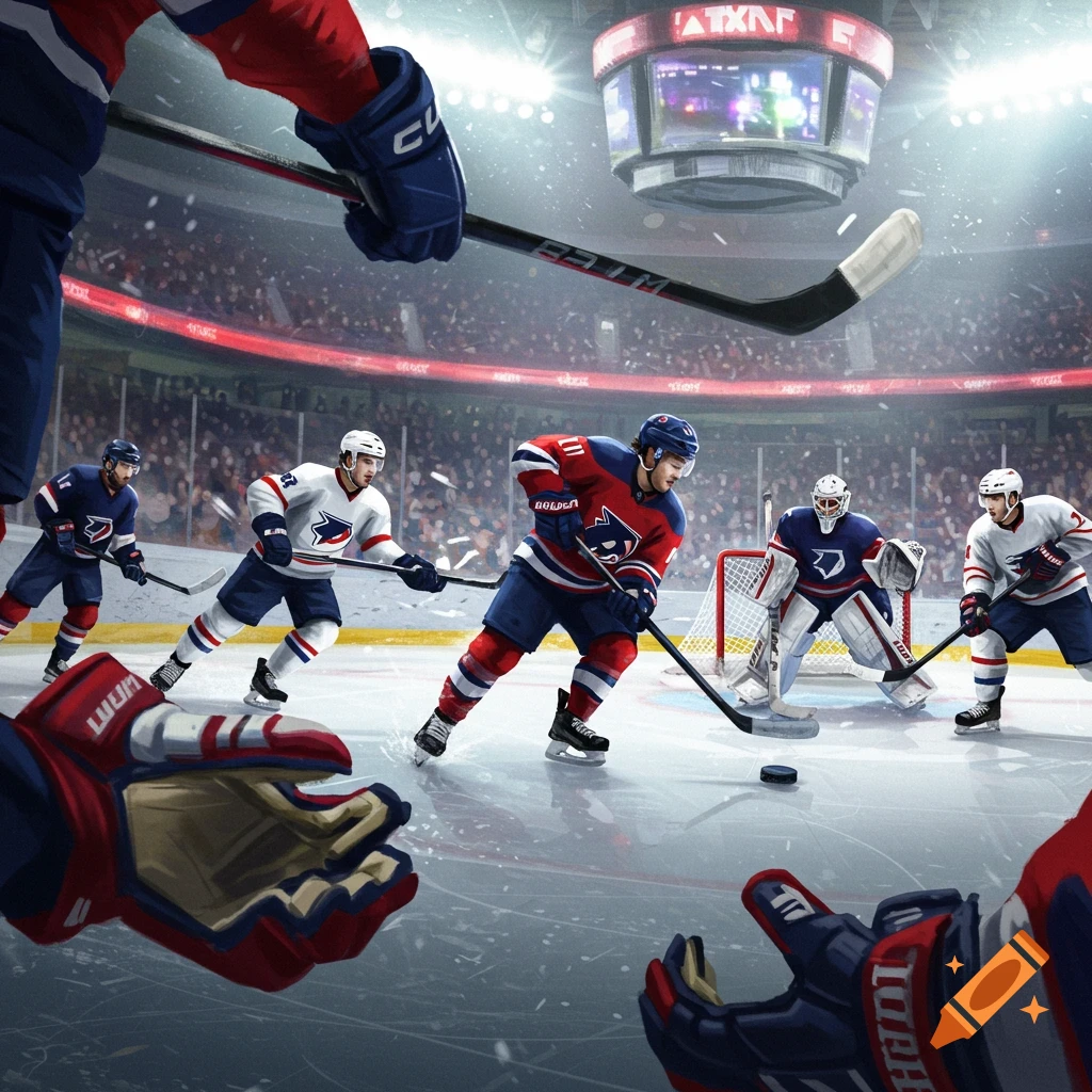 Hockey players on an ice rink during a game, with a scoreboard and ...