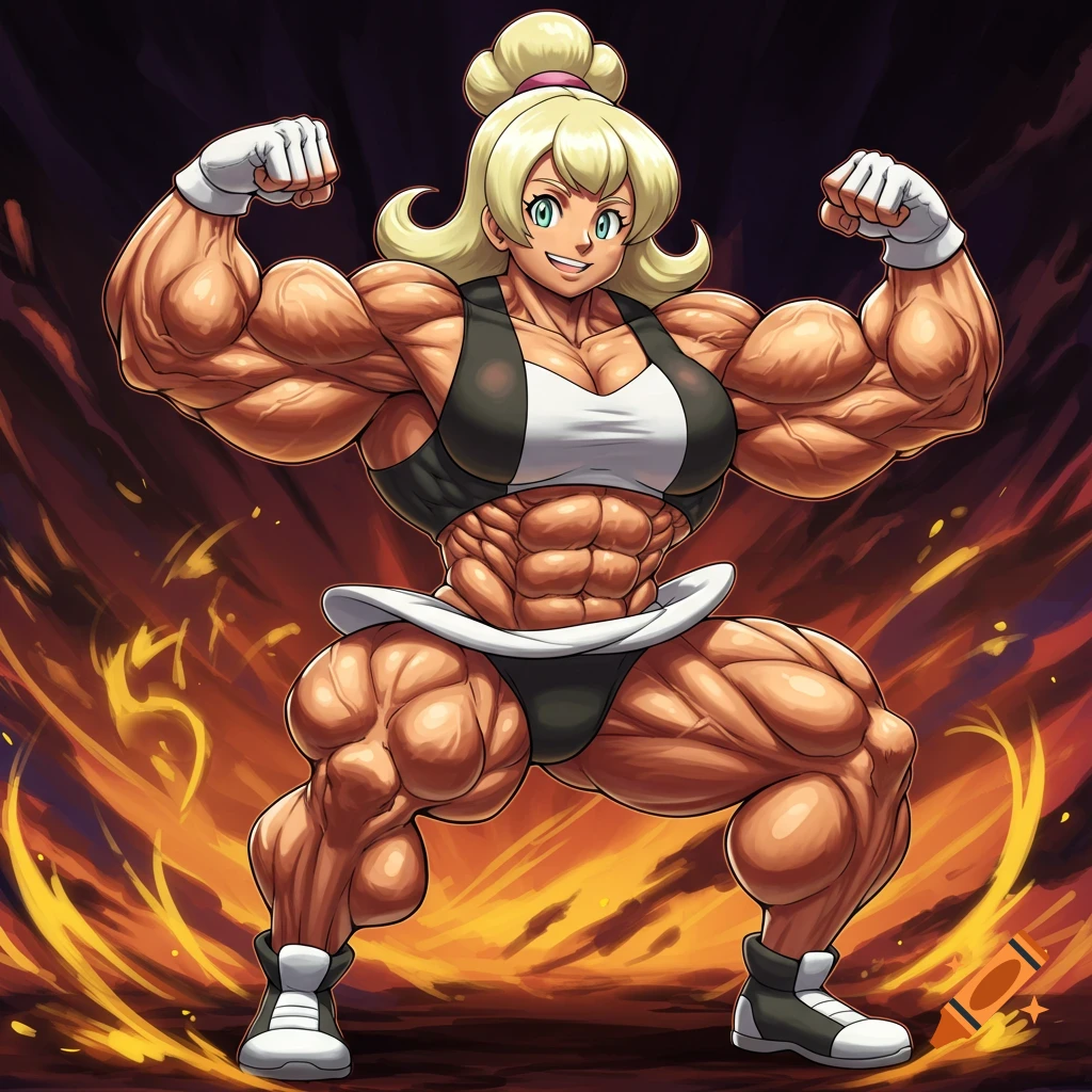 Cartoon image of a muscular woman flexing in a gym. on Craiyon