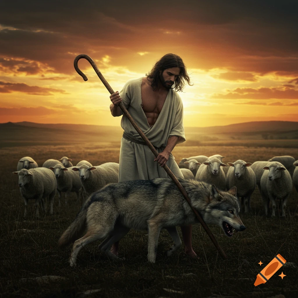Muscular Jesus with shepherd's crook subduing wolf among sheep on Craiyon