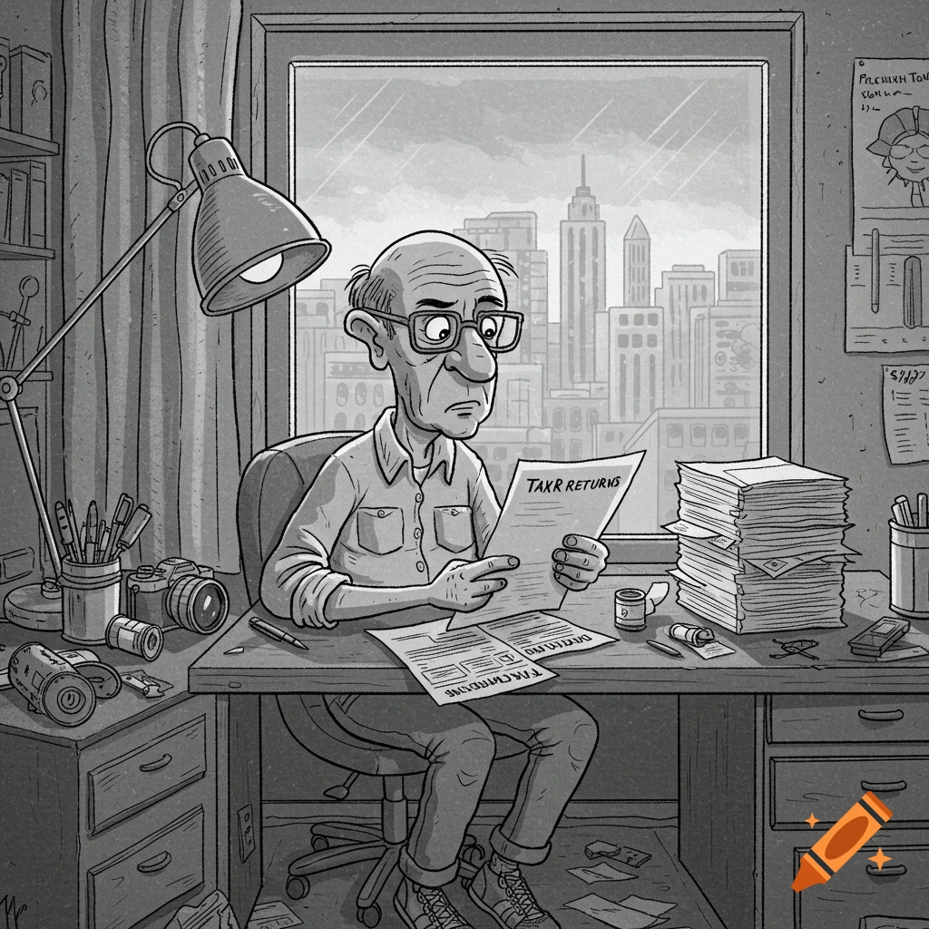 Cartoon illustration of a balding man in glasses looking at tax forms ...