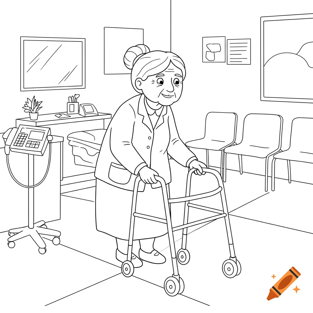 Black and white outline drawing for coloring book of an old lady using ...