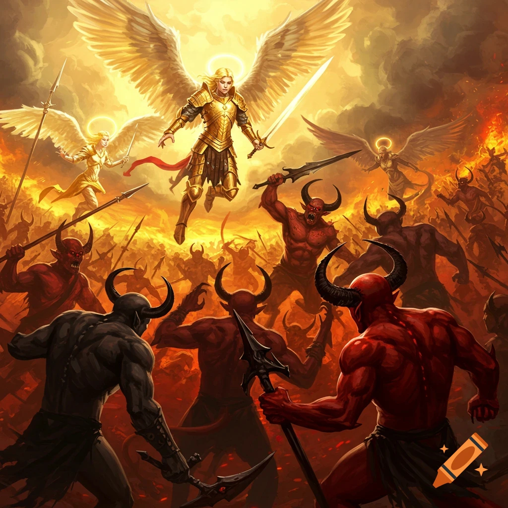 Angels battling demons in a split scene, light vs dark. on Craiyon