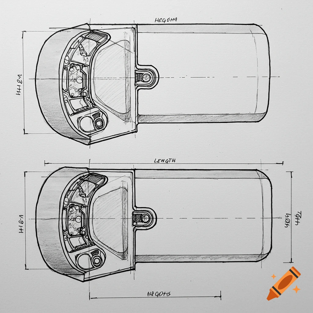 Technical drawing with height, width, and length measurements on Craiyon