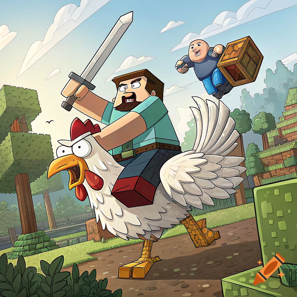 Cartoon style image of Minecraft Steve riding a giant chicken while ...