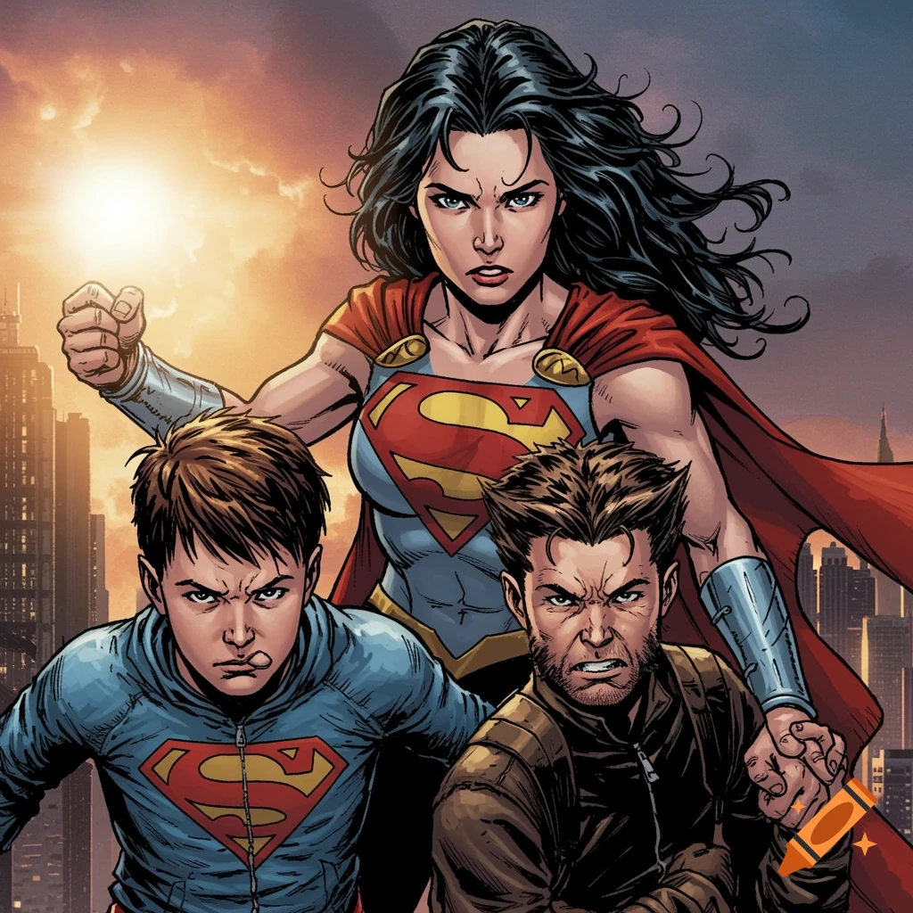 A comic book-style poster features three female superheroes, two with ...