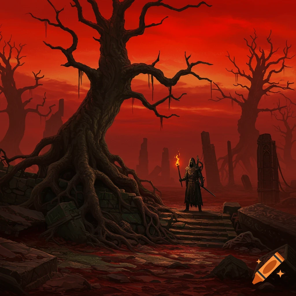 Hooded figure with torch on steps in a desolate dark fantasy landscape ...