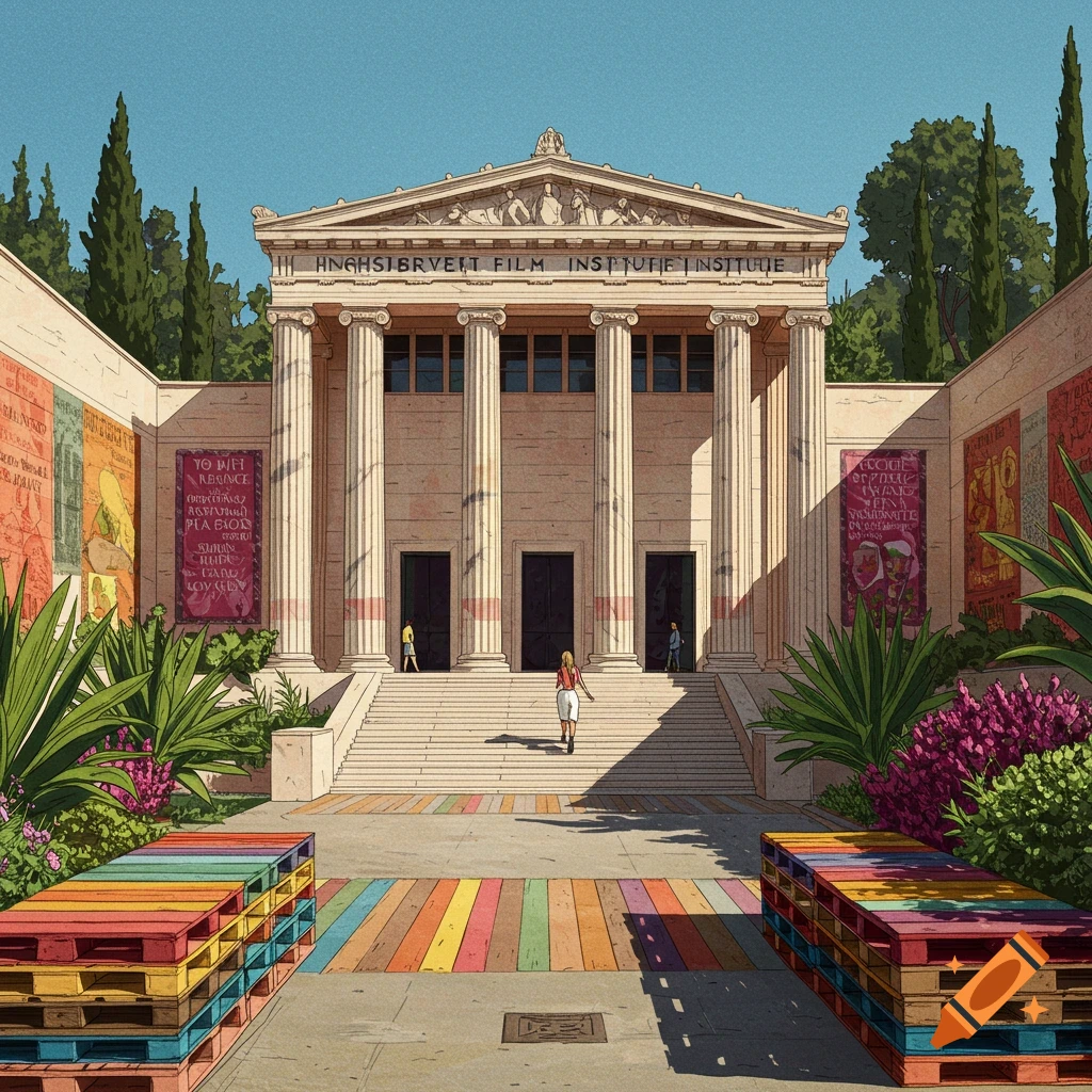 Film institute with ancient Greek architecture and colorful plants in ...