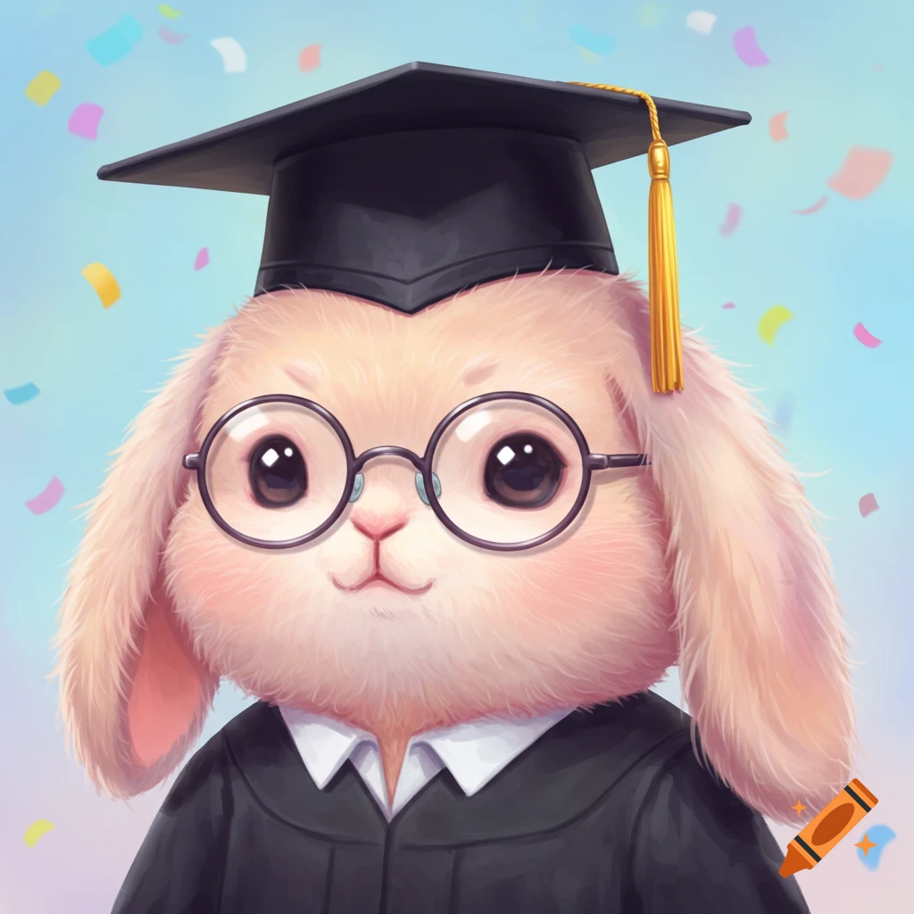A cute cartoon bunny wearing a graduation cap and gown with confetti on ...