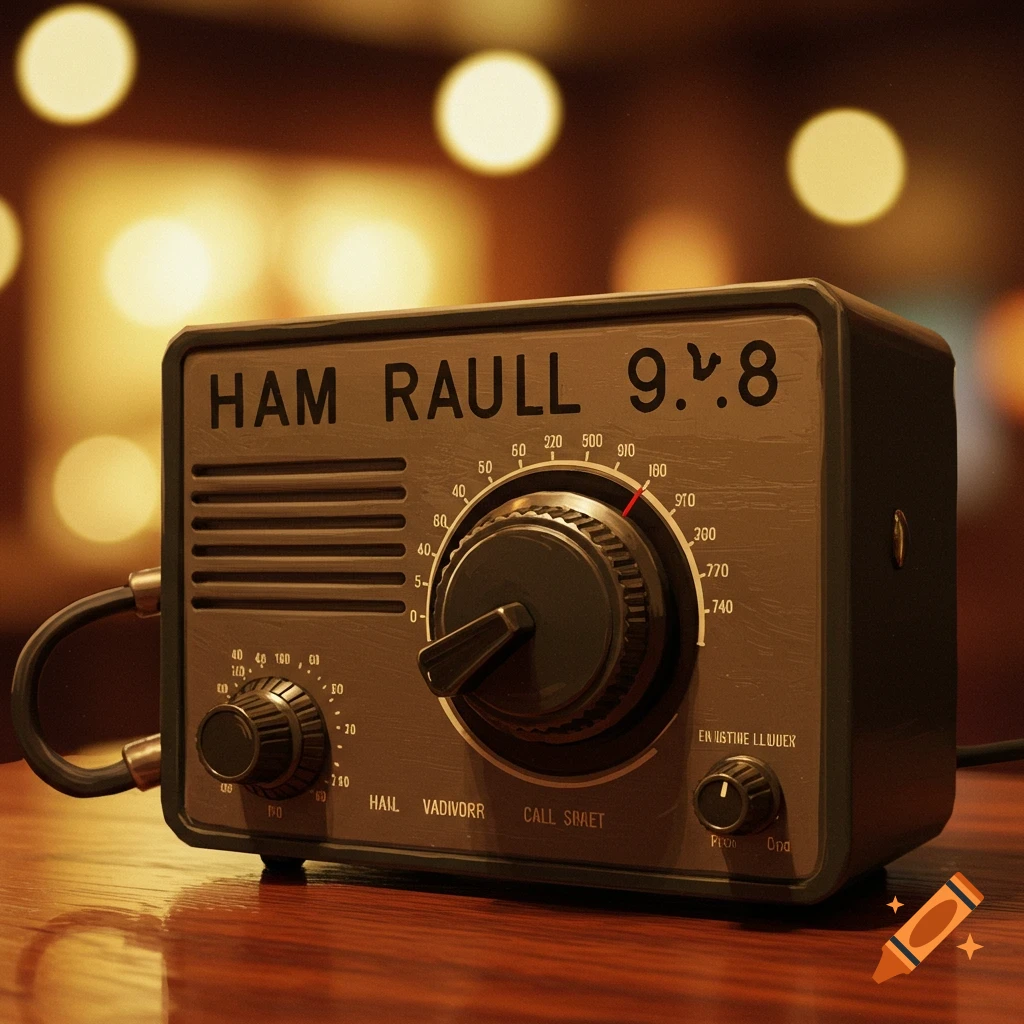 Ham radio station call sign badge M7SZY with antenna and radio on Craiyon