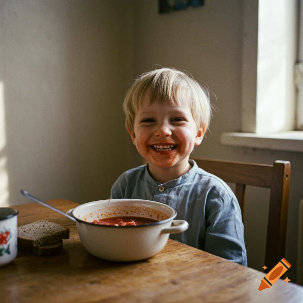 Little Russian boy eating food in Soviet apartment, Kodak photo on Craiyon