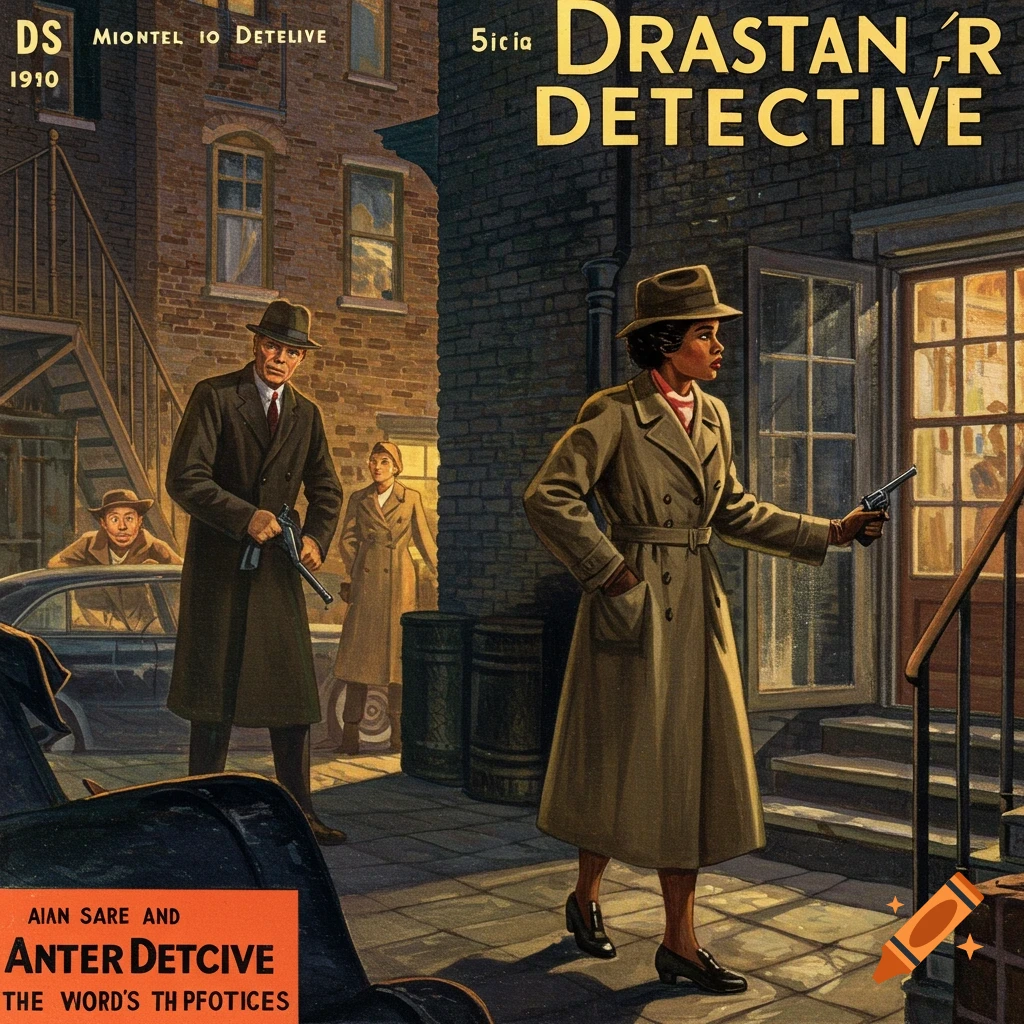 Illustrative painting of a Black female detective looking at a tenement ...