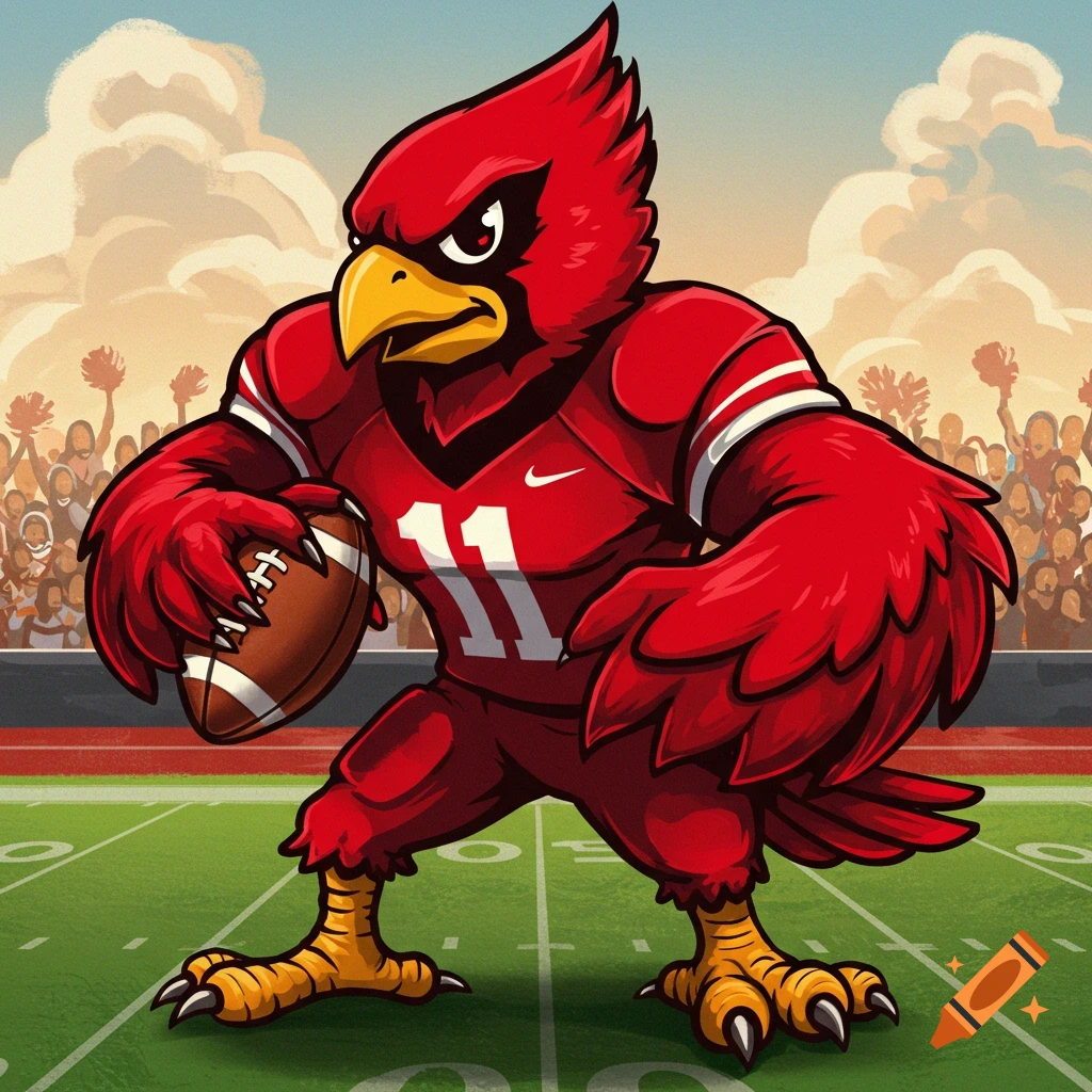 Cartoon cardinal and Boston terrier in baseball uniforms on a field ...