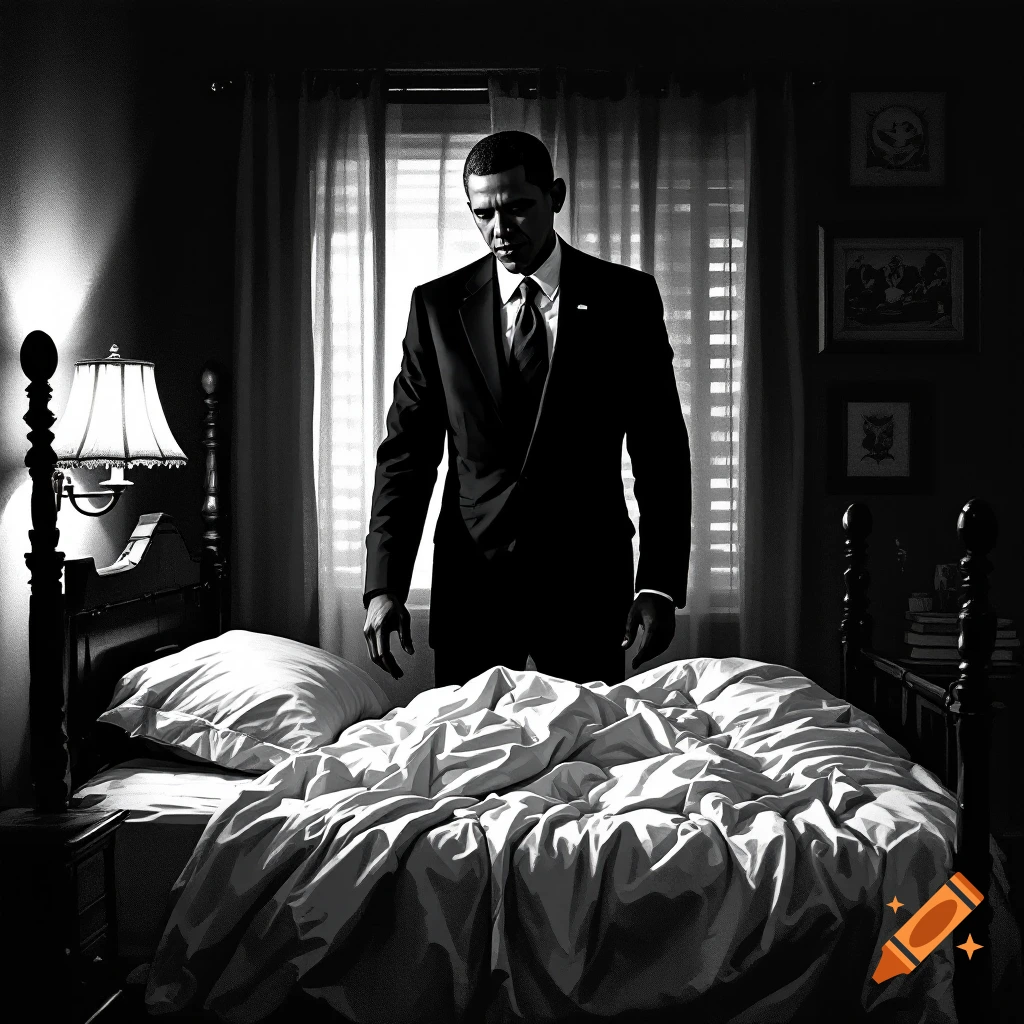 Black and white photo of Barack Obama ominously standing over a bed on ...