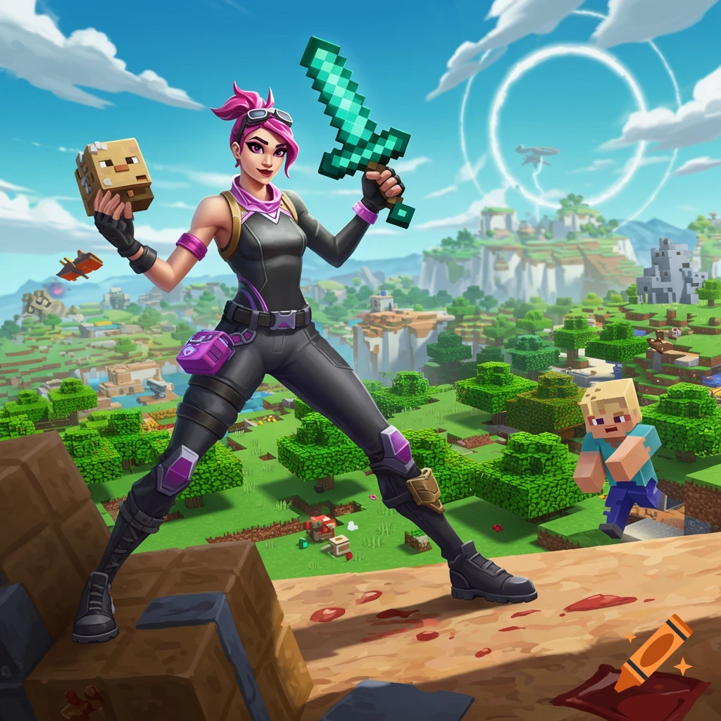 Stylized female character with purple hair and weapon in a bright ...