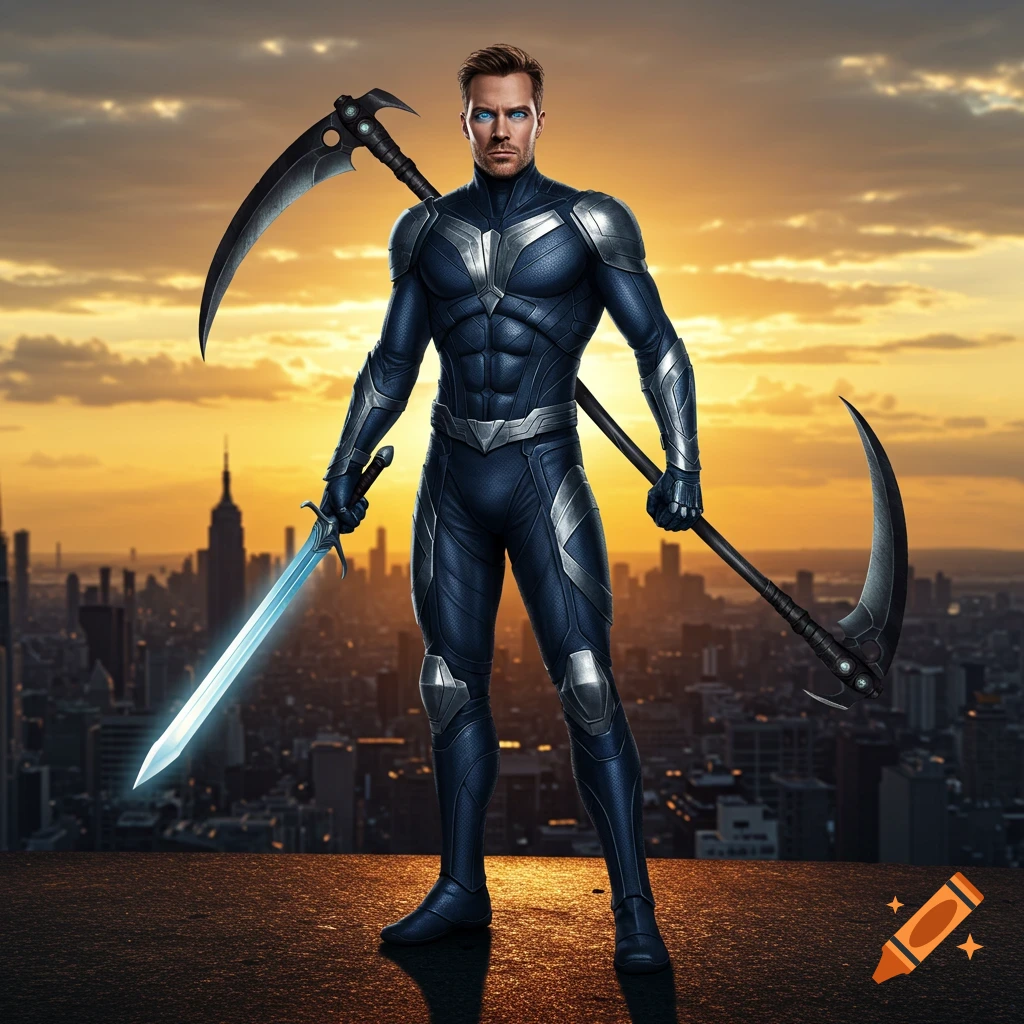 Superhero in blue and silver suit with sword and scythe on city rooftop ...