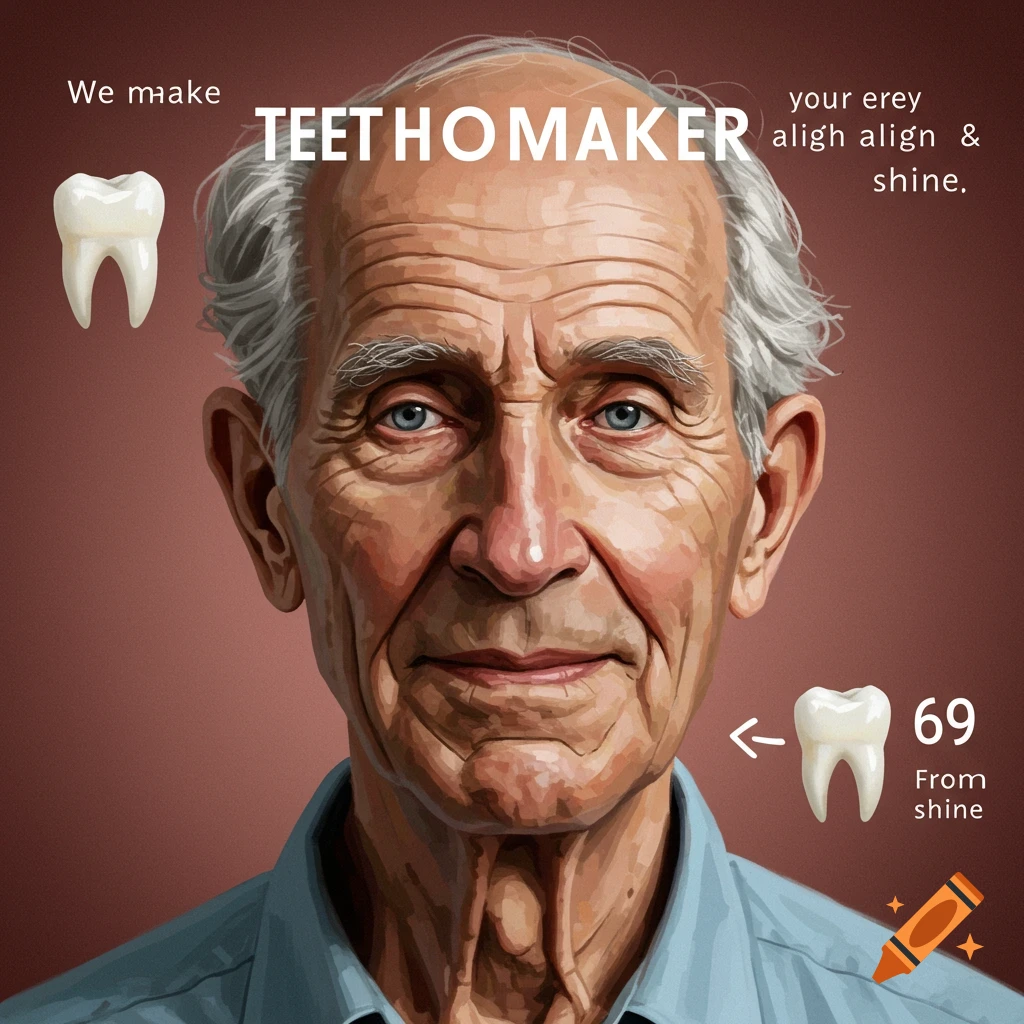 Old man with one tooth and teethlomaker 69 text on Craiyon