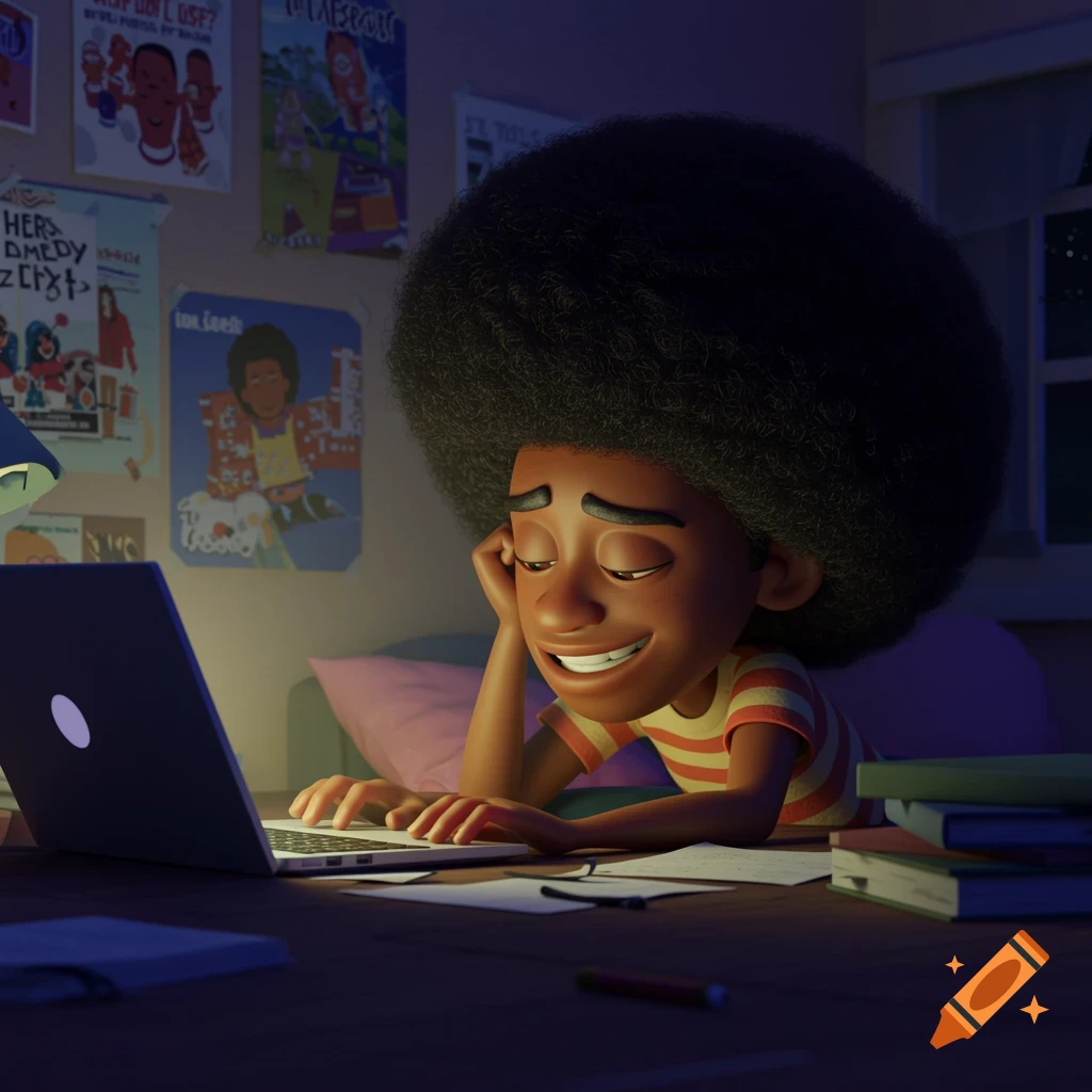Black college student falling asleep while coding, Pixar animation ...