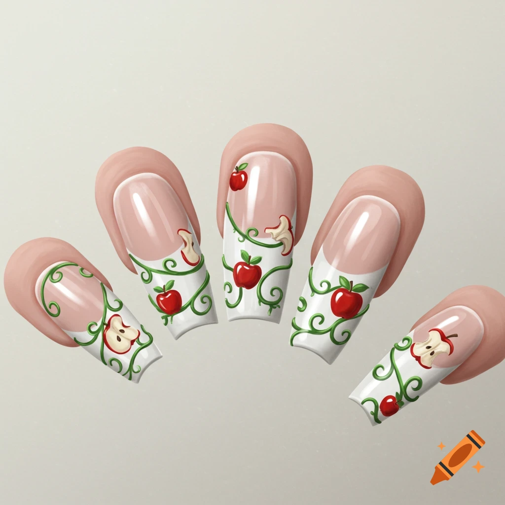 Acrylic nail set with white French tips, green vines, red apples and ...