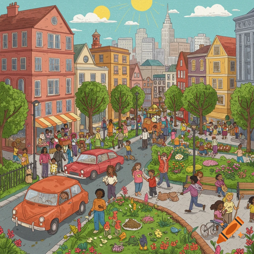 A colorful image of a busy, diverse city street scene with people, cars ...