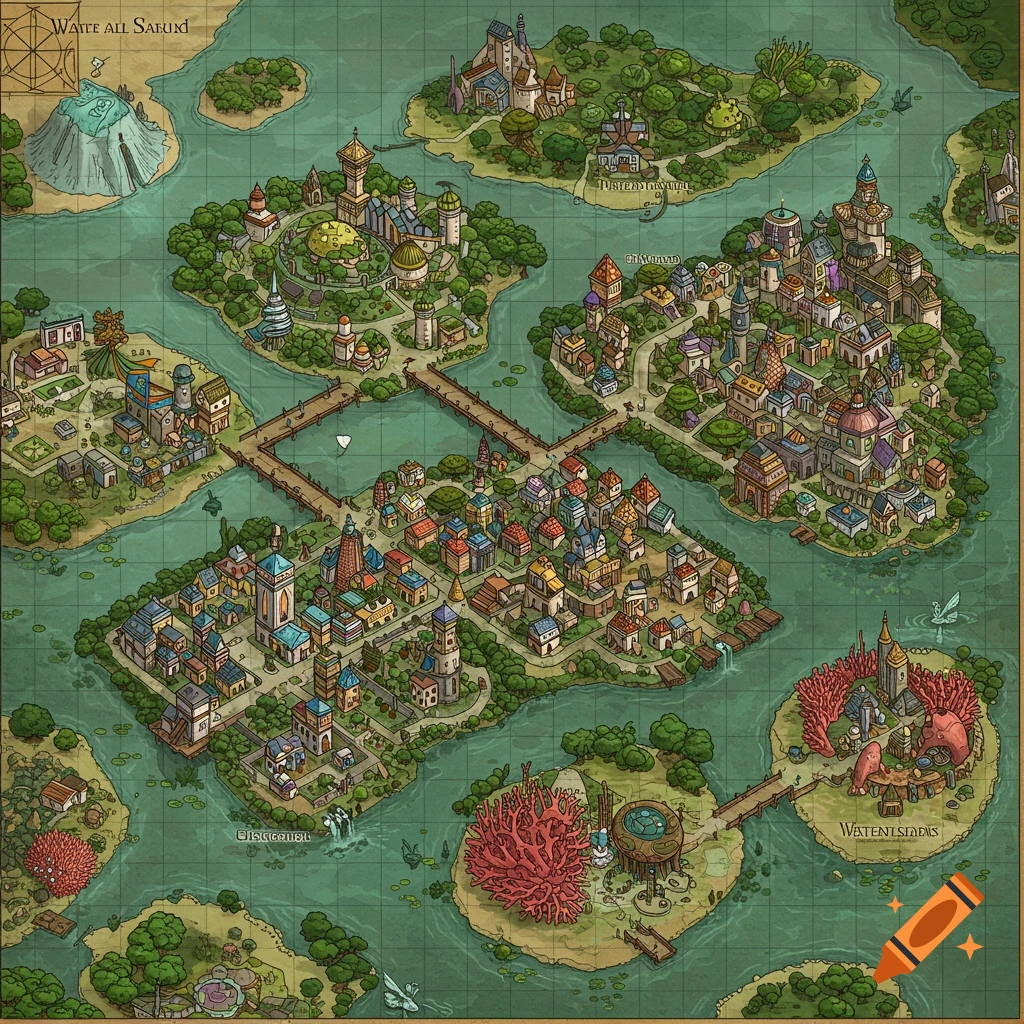 An isometric map of a fantasy Persian dungeon, showing various rooms, corridors, and ornate ...