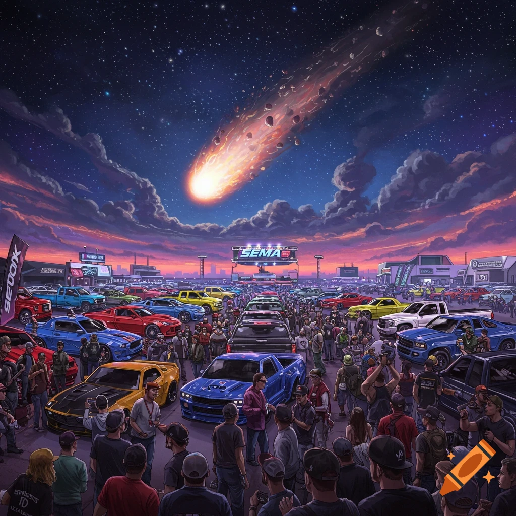 A crowded outdoor car show at night under a starry sky as a large comet ...