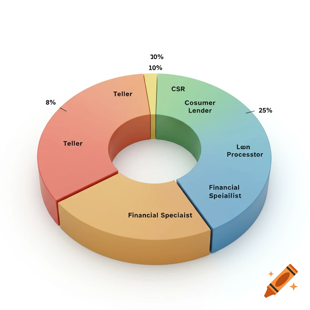 Pie chart of bank job positions: Teller, CSR, Consumer Lender ...